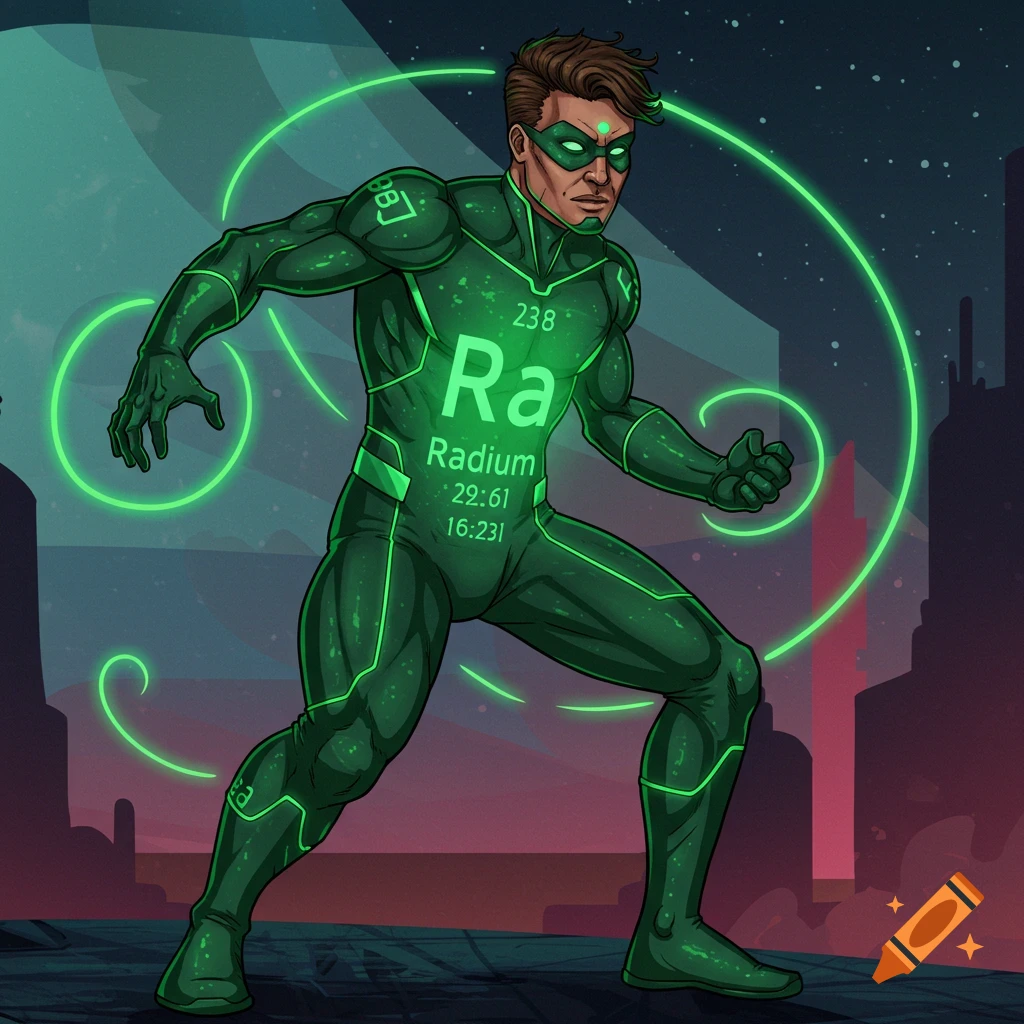 Cartoon superhero in green suit with 'Fr' on chest and glowing ...
