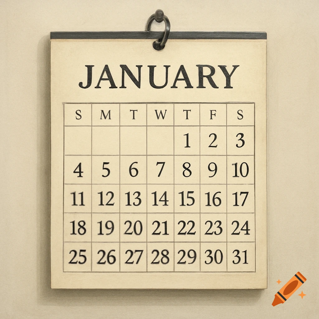 A digital painting of a January calendar page hanging on a wall. on Craiyon
