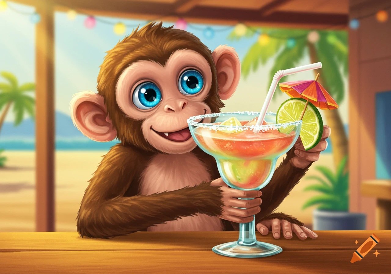 A cartoon monkey holding a tropical cocktail glass at a beach bar. on ...