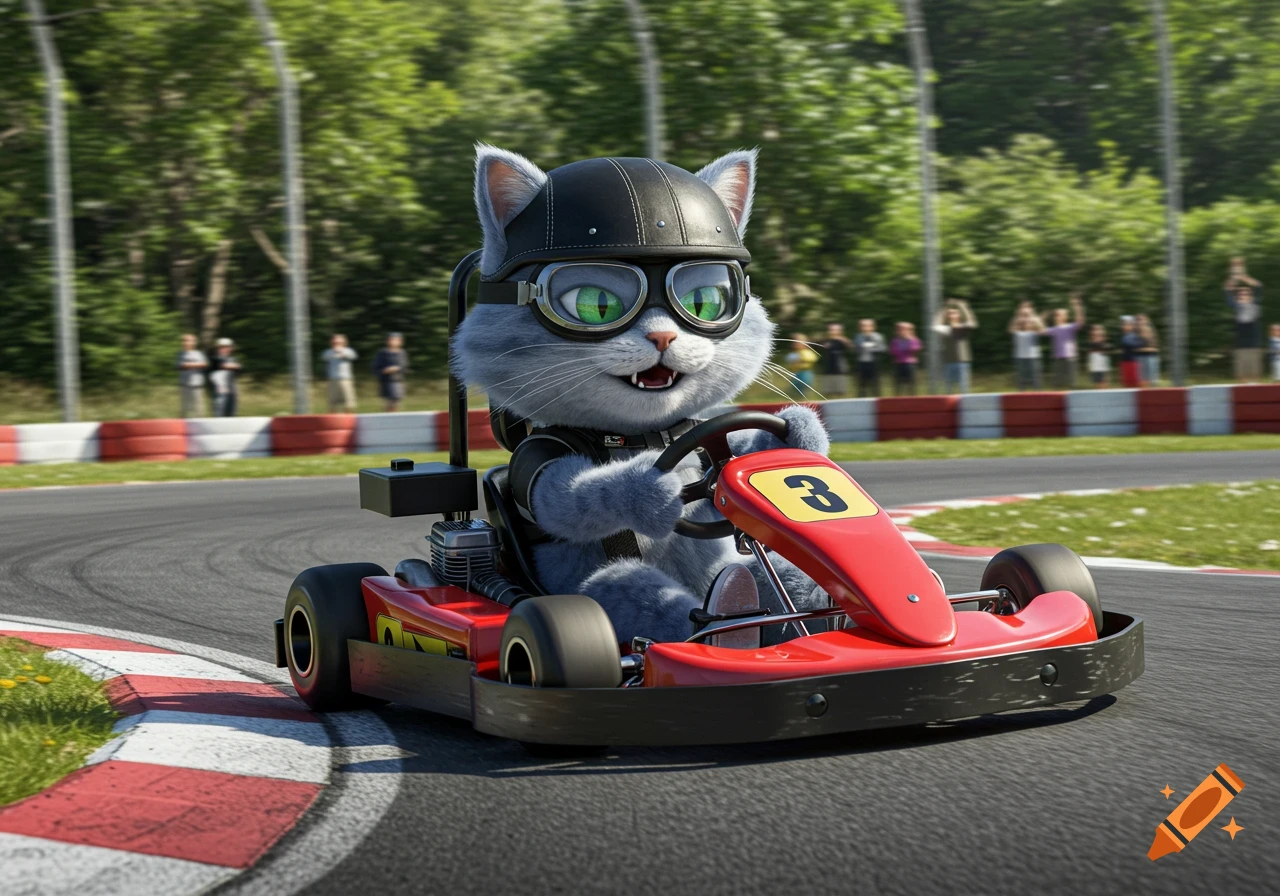 A gray cat wearing a helmet and goggles drives a red go-kart on a race ...