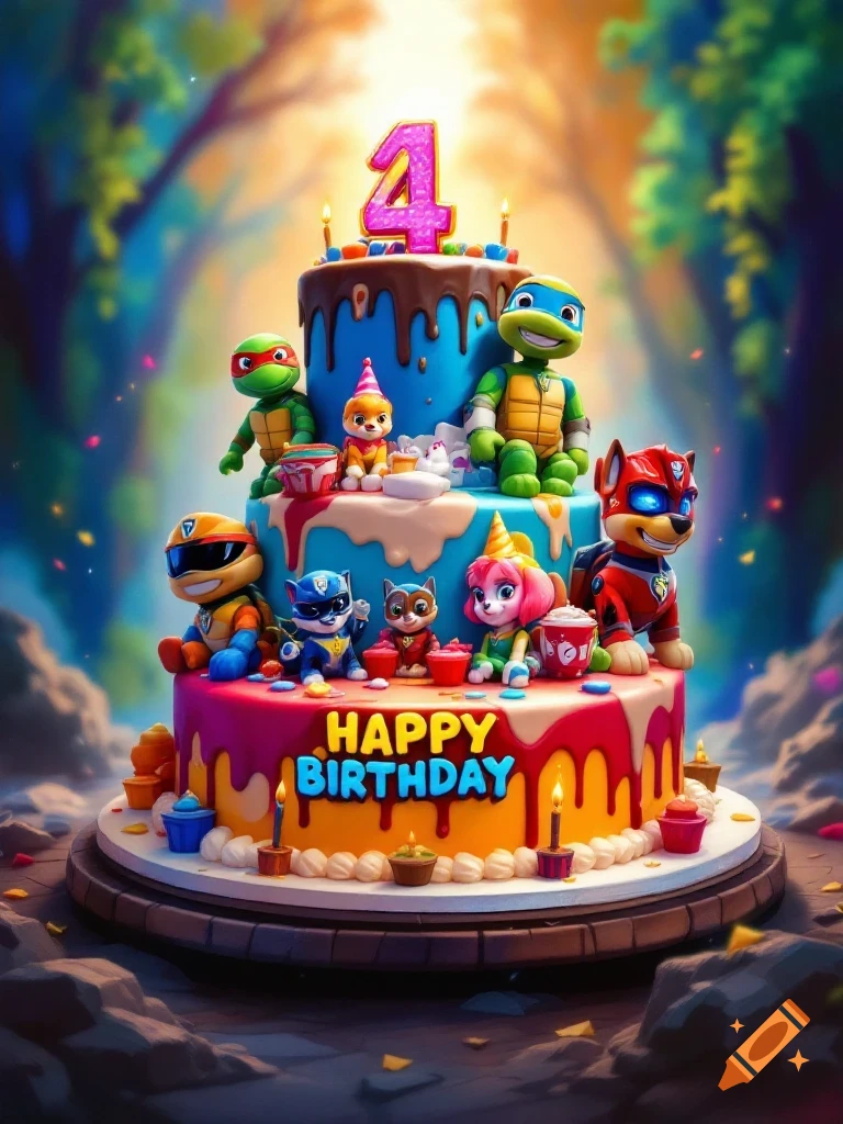 A multi-tiered birthday cake decorated with various cartoon characters ...