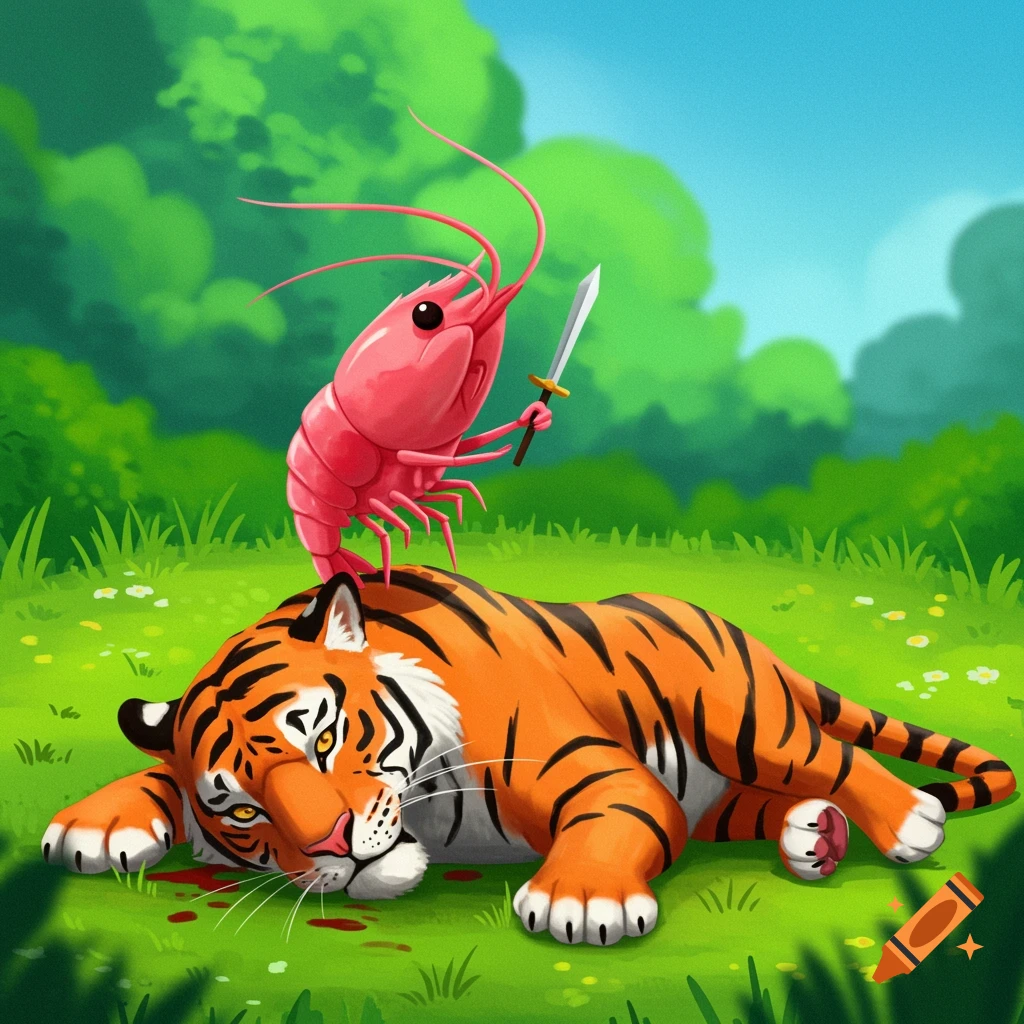 A cartoon shrimp holds a sword standing on a defeated tiger in a meadow ...