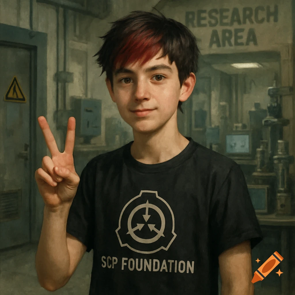 A boy in an SCP Foundation shirt doing a peace sign in a research area ...