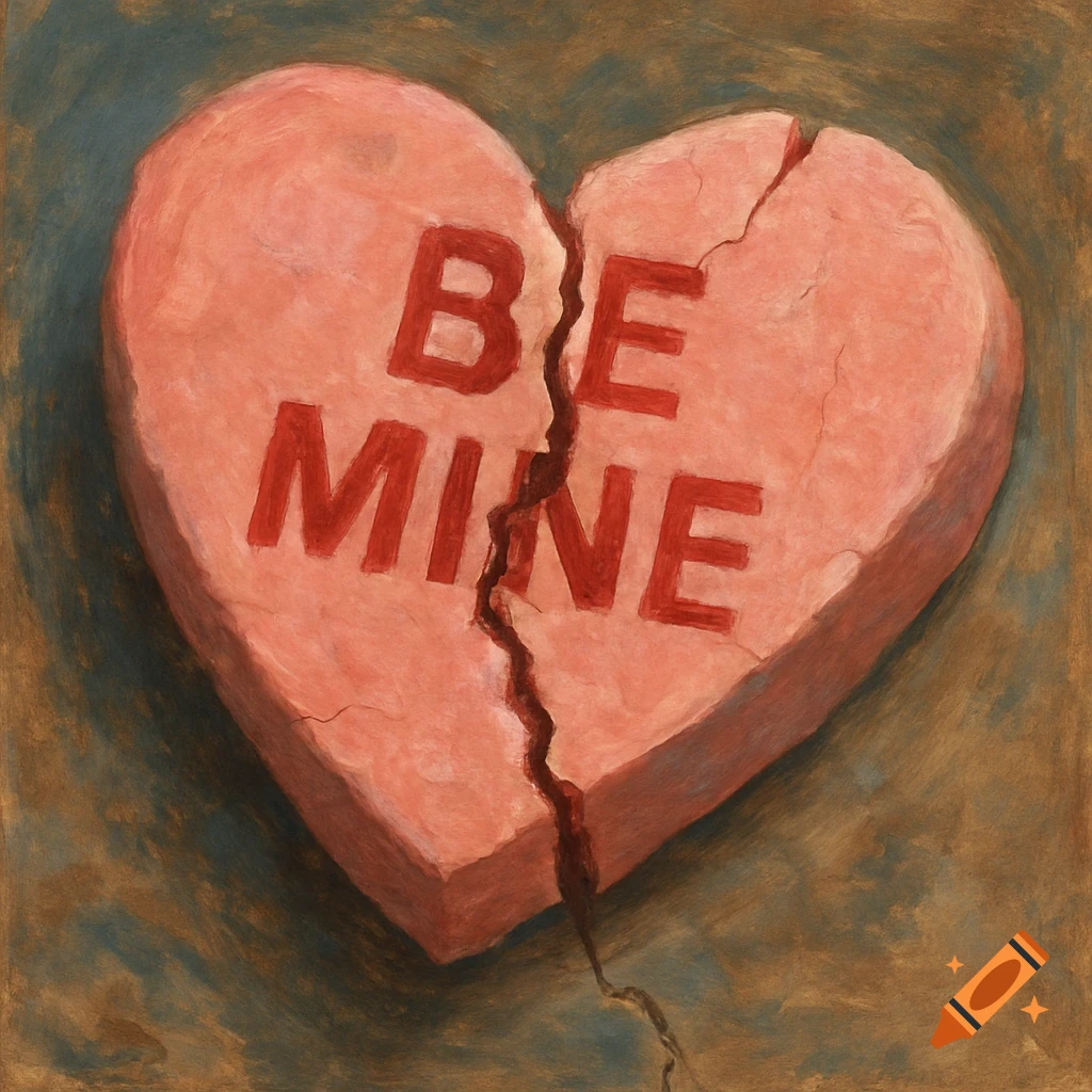 A broken pink candy heart with 'BE MINE' written on it, in a painterly ...