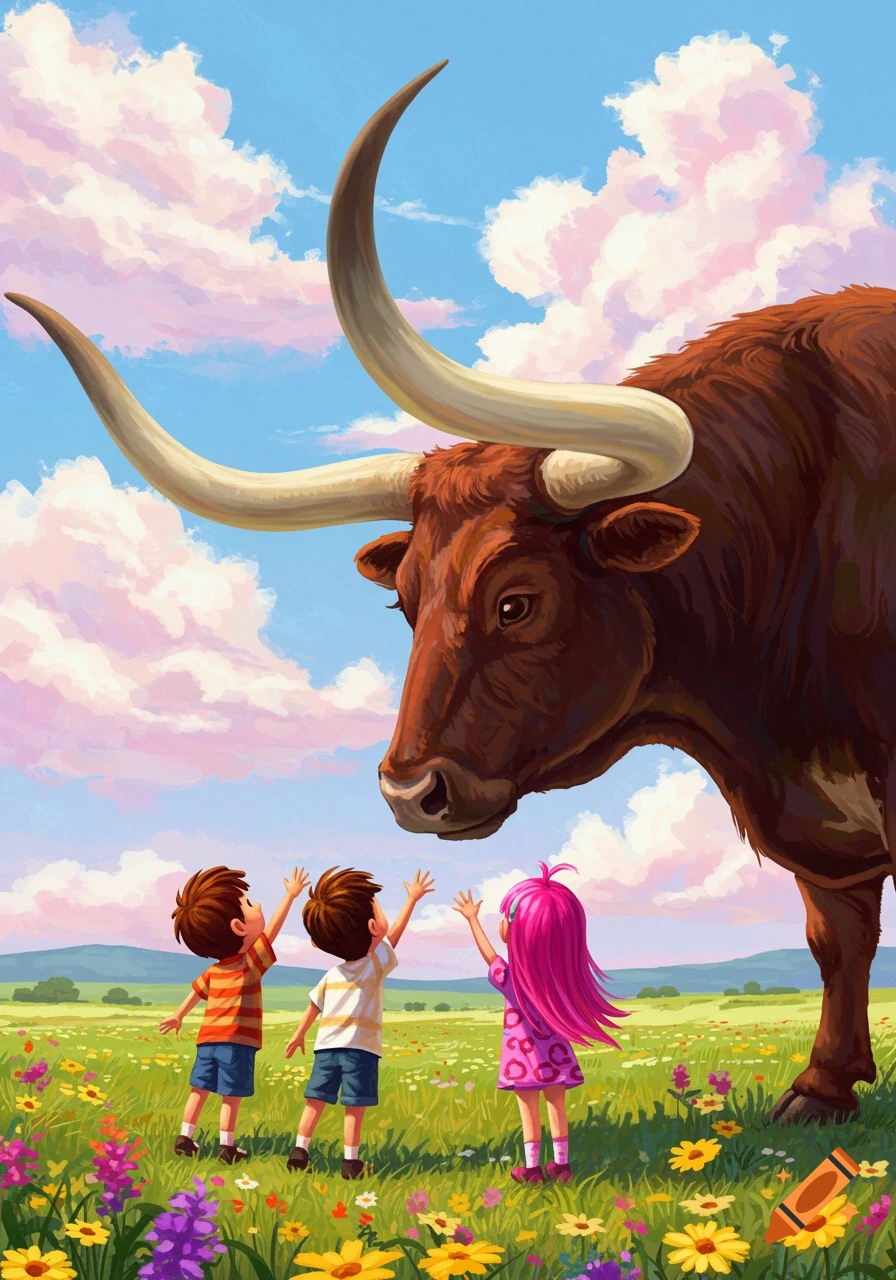 Three children reach towards a giant longhorn bull in a flowery field ...