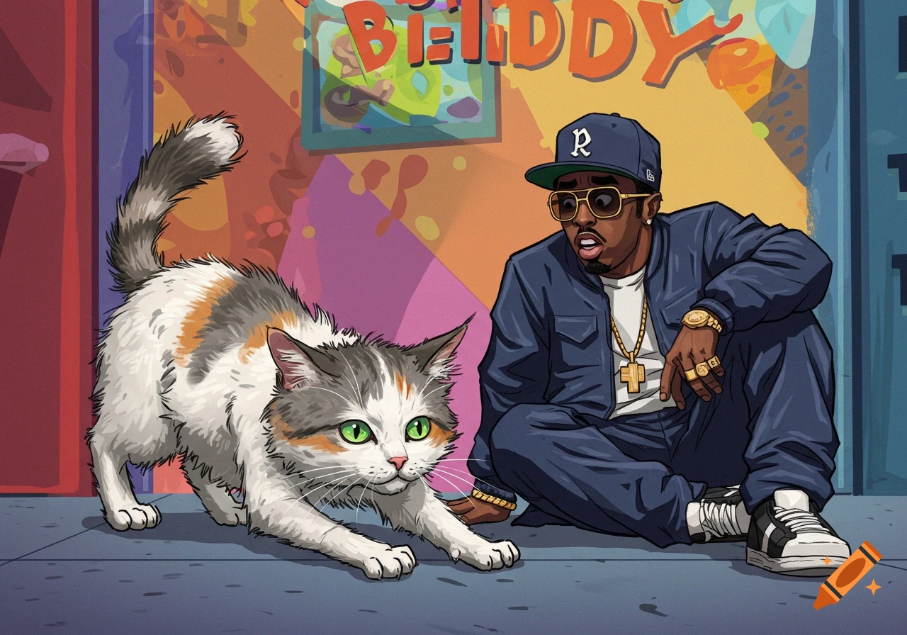 A cat crawling near a person resembling P Diddy sitting on a sidewalk ...