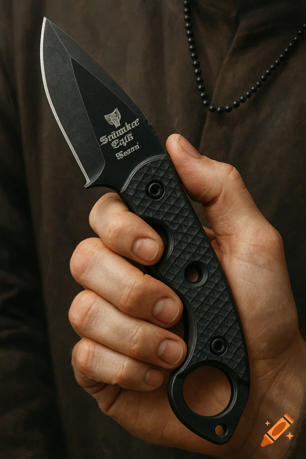 Close-up of a hand holding a black tactical knife on Craiyon