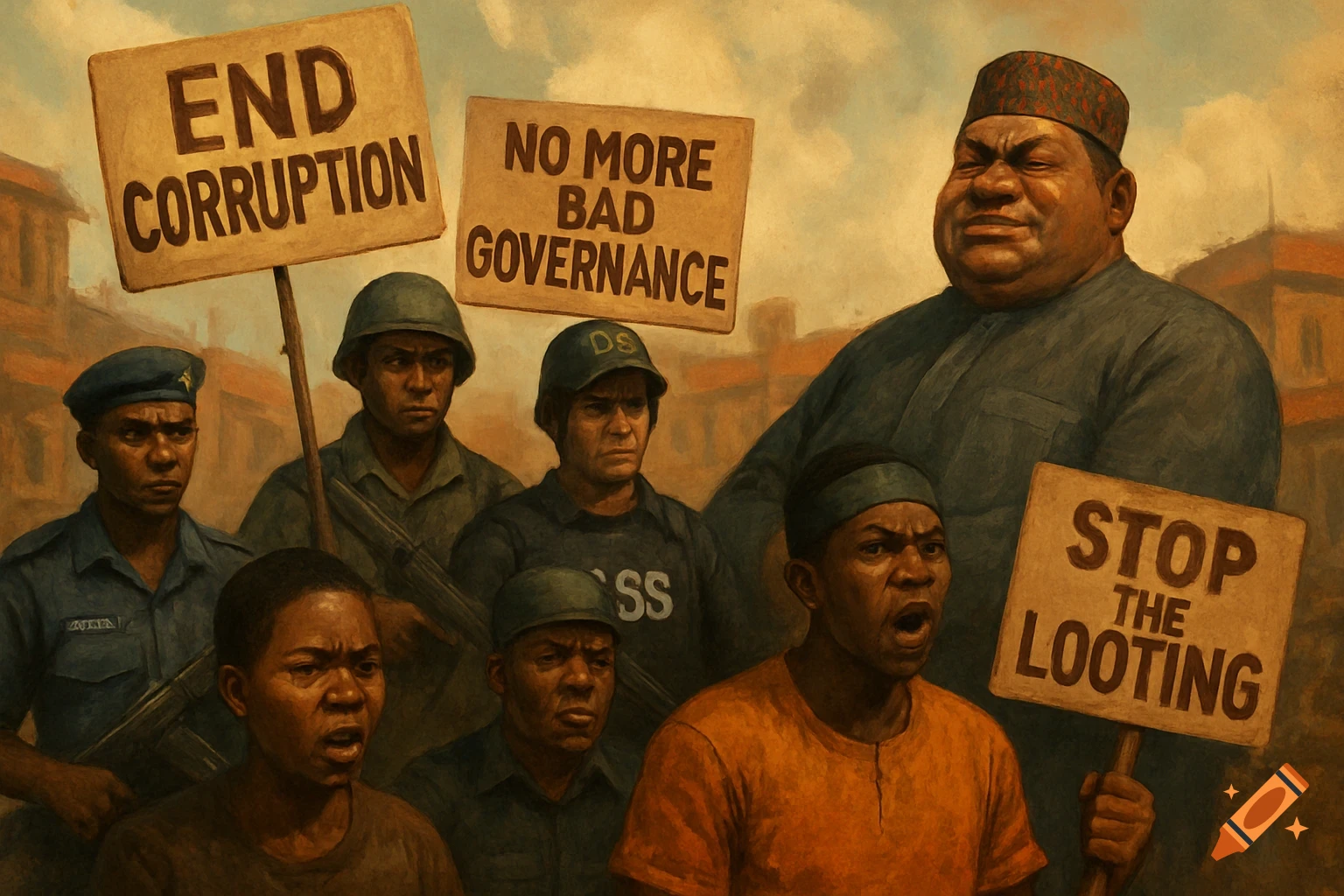 Painting of a protest with people holding signs "END CORRUPTION", "NO ...