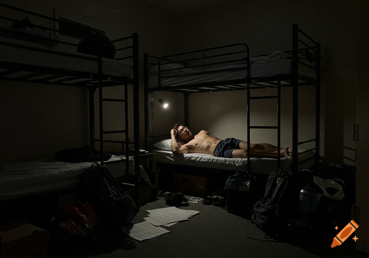 Shirtless man lies on a bunk bed in a dimly lit hostel room with ...