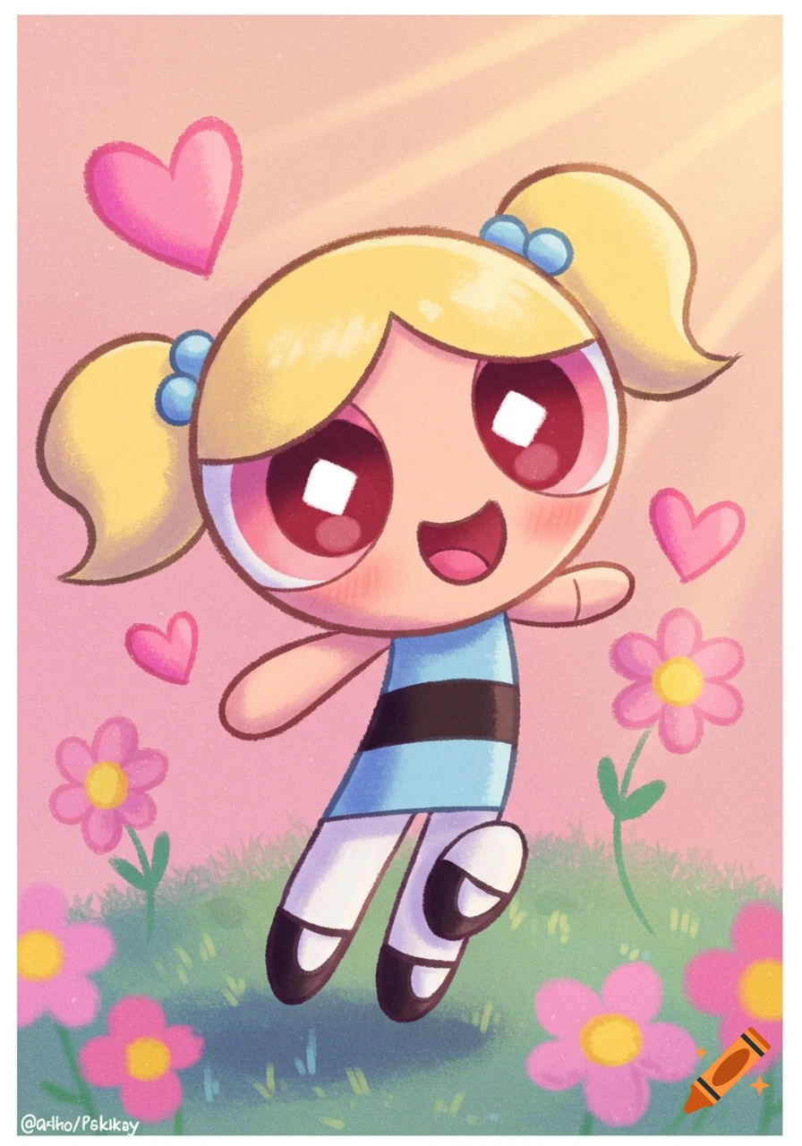 Bubbles from Powerpuff Girls smiles amidst pink hearts and flowers in a ...