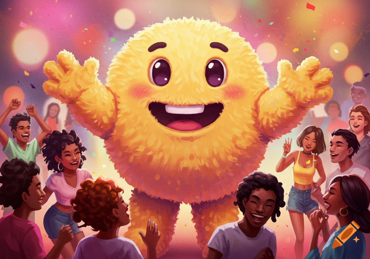 Giant fluffy smiley face mascot at a party on Craiyon