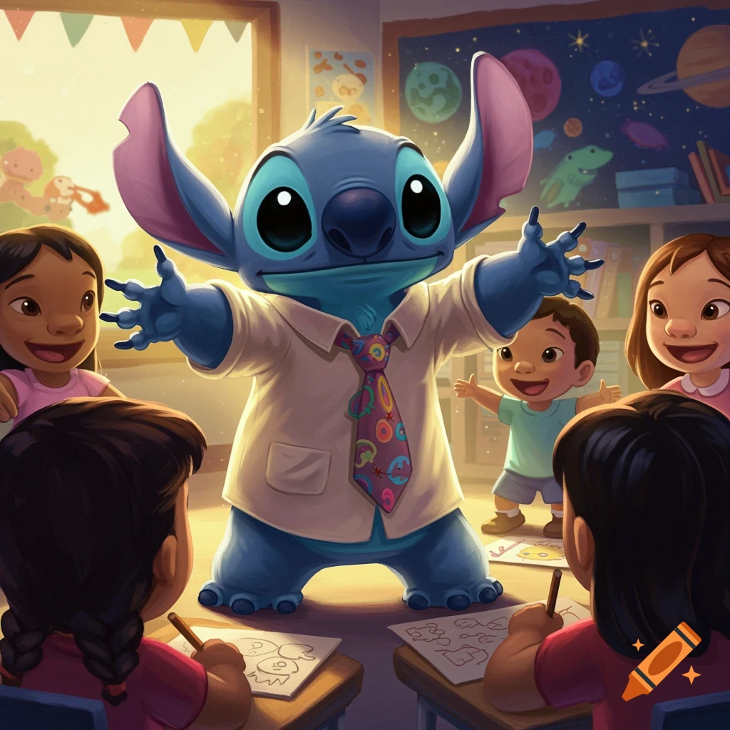 Stitch in autumn forest holding red balloon with Margot written on it ...