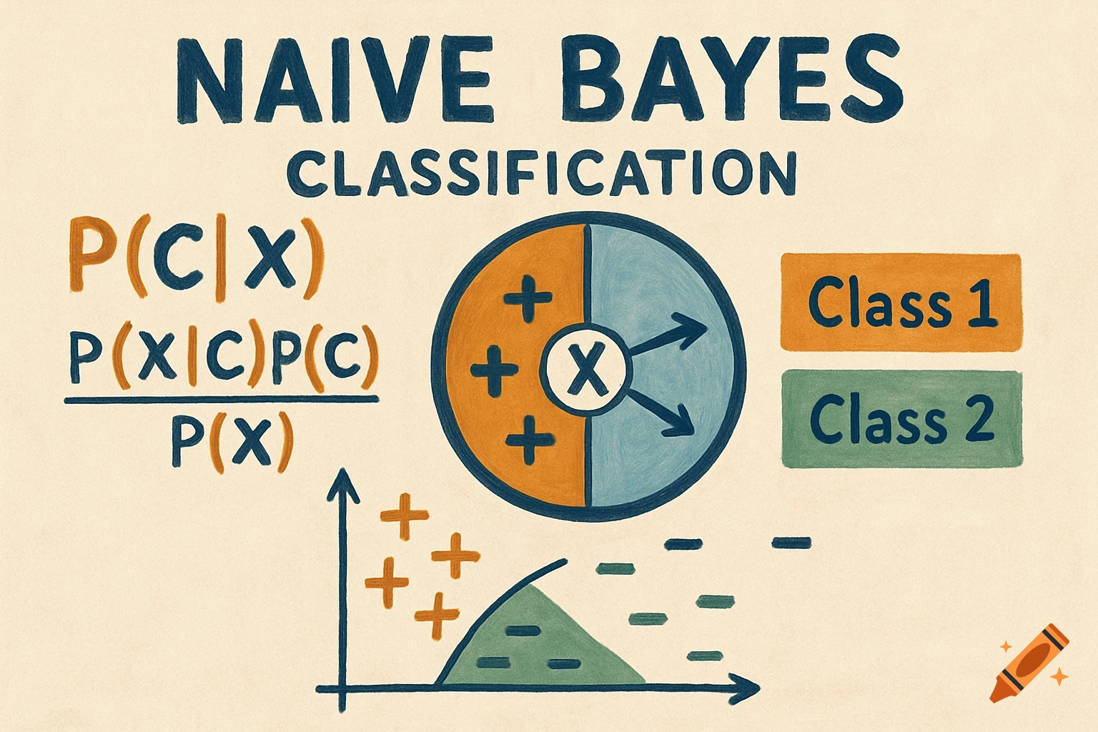 Illustration explaining Naive Bayes classification with formula and diagrams on Craiyon