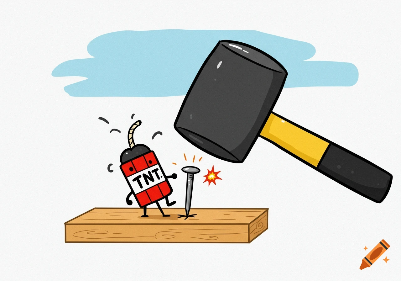 Cartoon of a hammer hitting a TNT stick nail into wood. on Craiyon