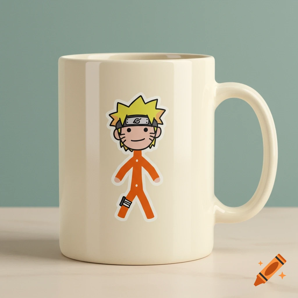 A stick figure drawing of Naruto as a sticker on a white coffee mug on ...