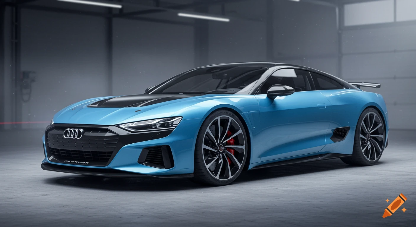 A light blue Audi hypercar parked in a garage. on Craiyon