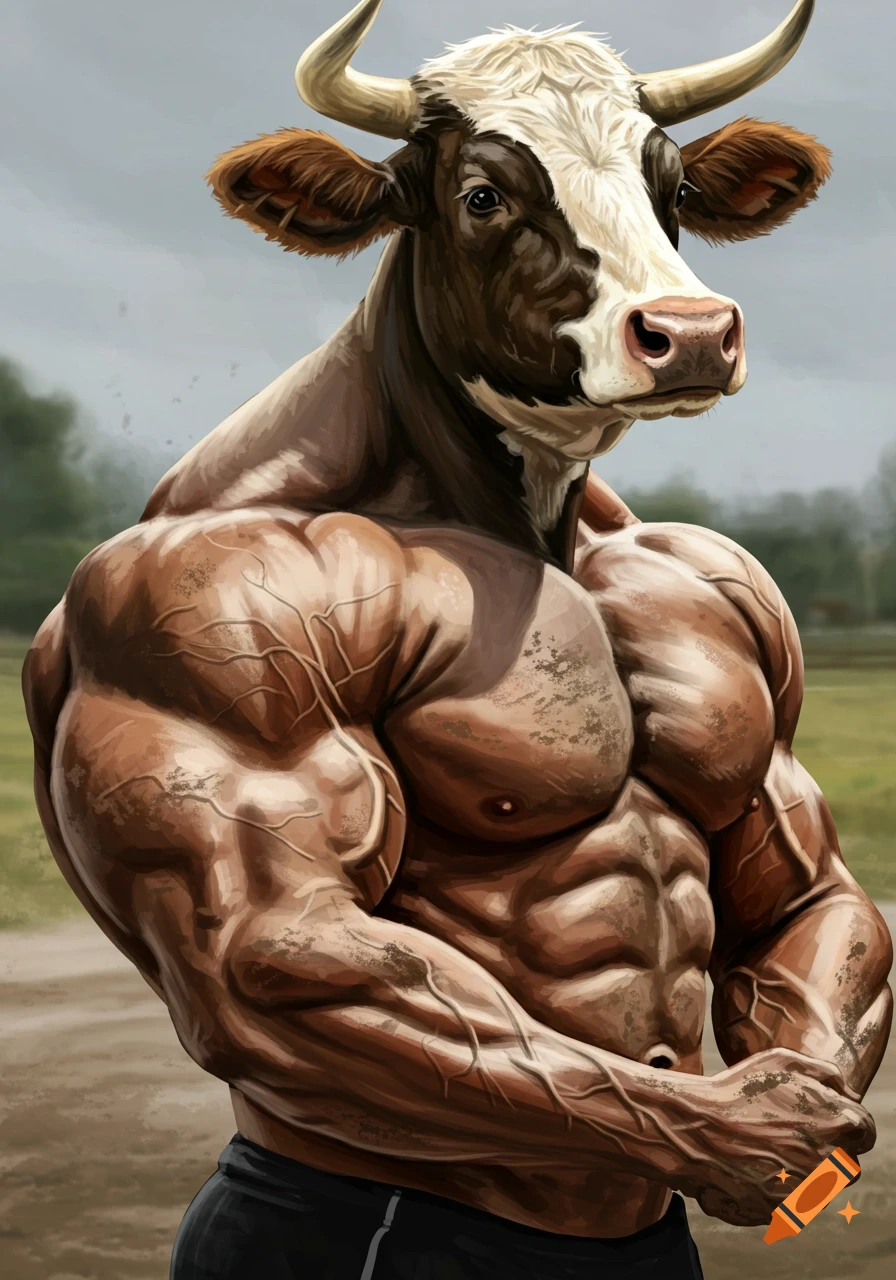 A muscular bull-human hybrid creature standing in a field. on Craiyon