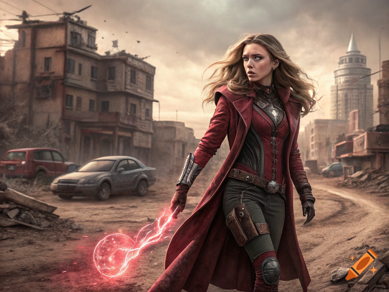 A superheroine with red glowing eyes and hands stands amidst red lightning and crumbling ...