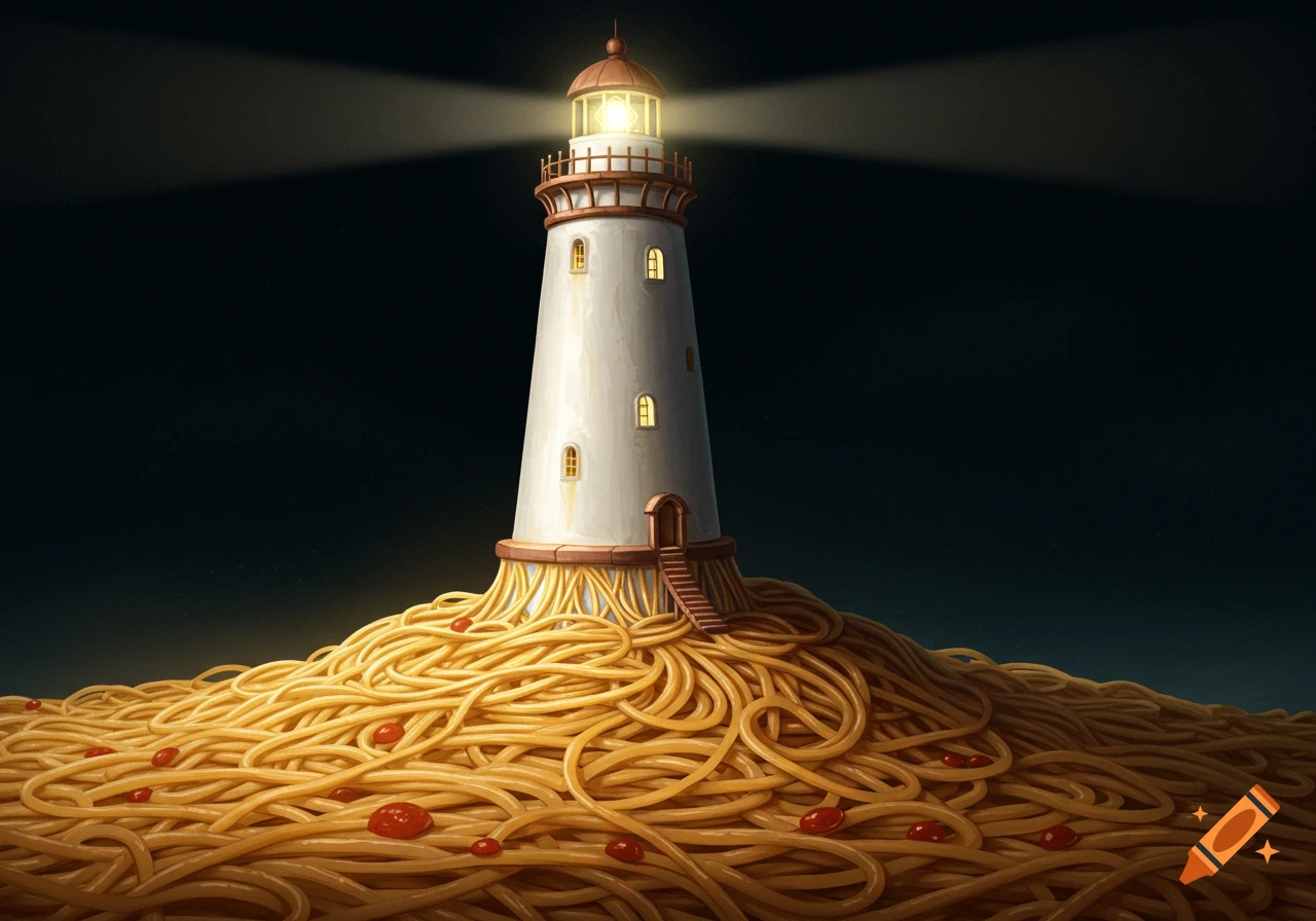 Cartoon illustration of a ghost made of spaghetti noodles on Craiyon