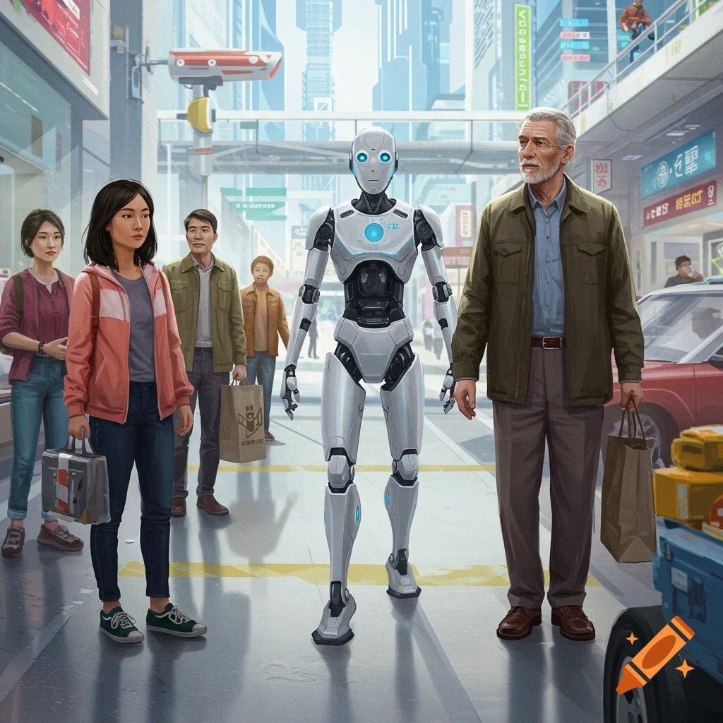 A robot and people stand on a street in a futuristic city, digital ...