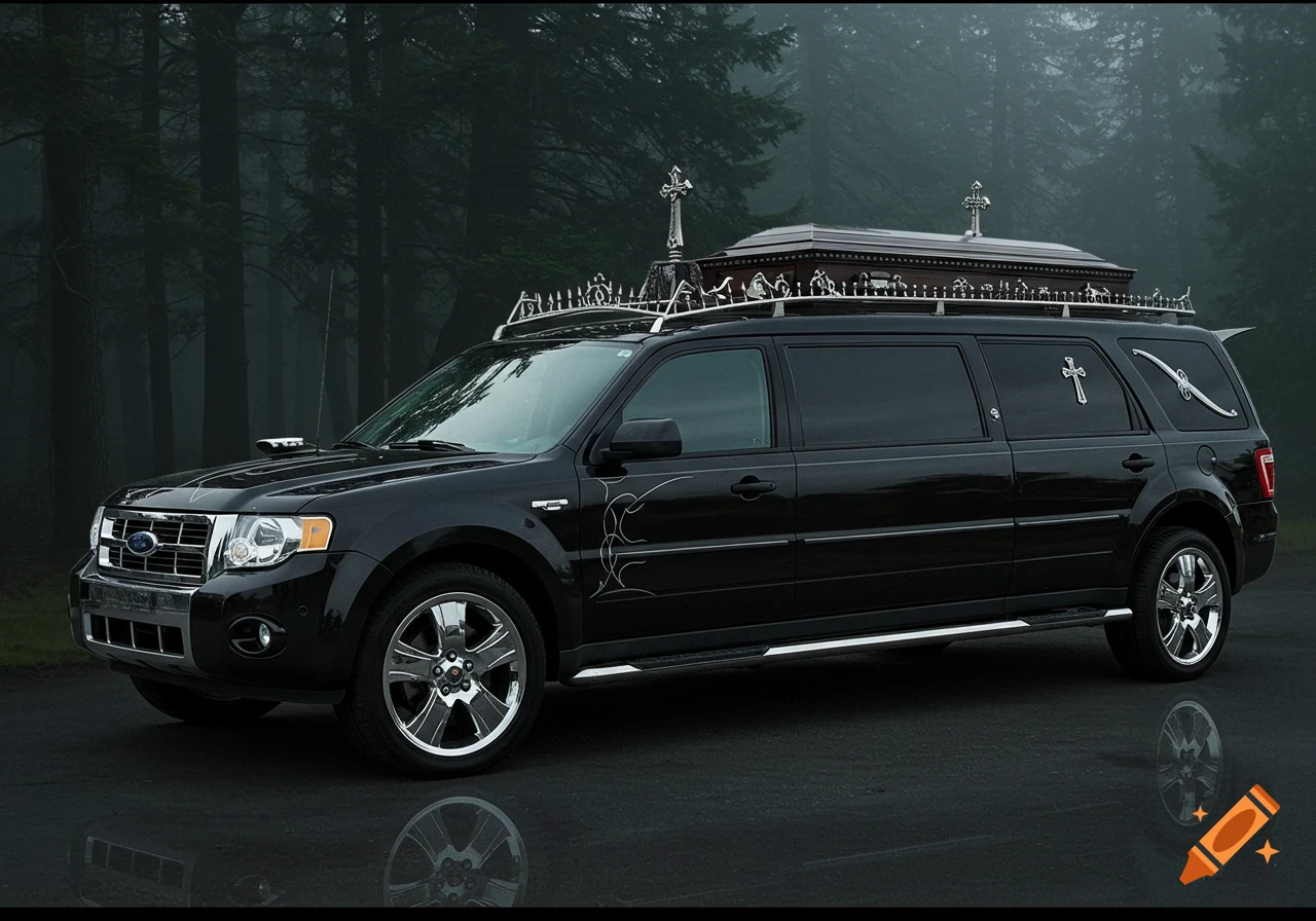 Black stretched Ford Escape hearse with coffin and crosses on roof rack ...