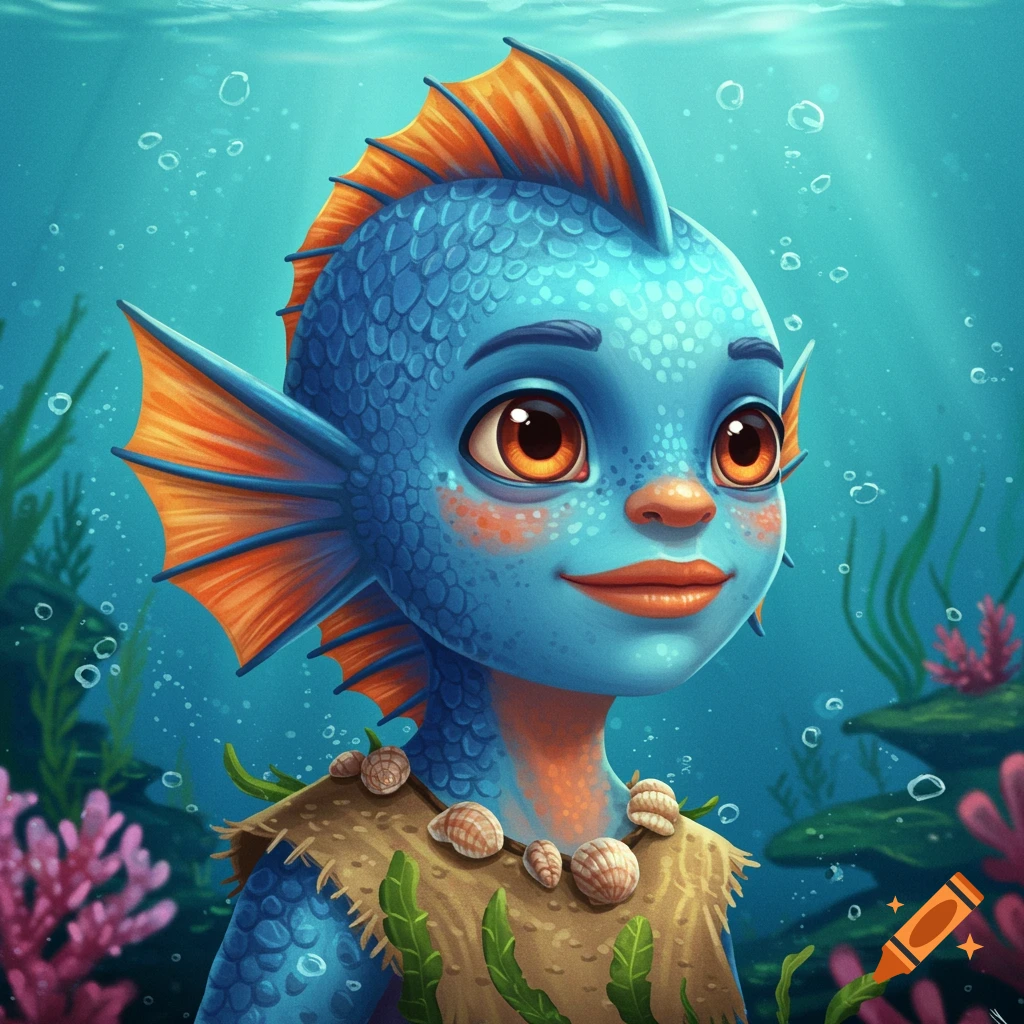 Digital painting of a blue fish boy with orange fins and shell necklace ...