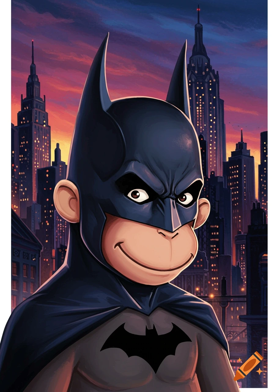 Batman standing in front of Gotham city with the bat signal in the sky ...