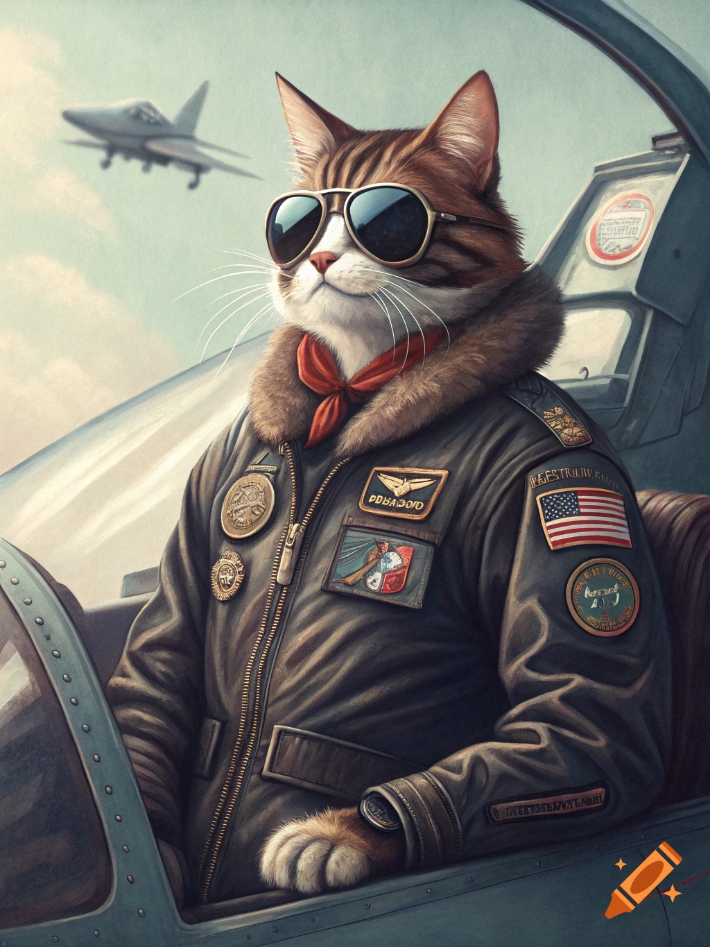 A cool tabby cat wearing aviator sunglasses and a pilot's jacket sits ...