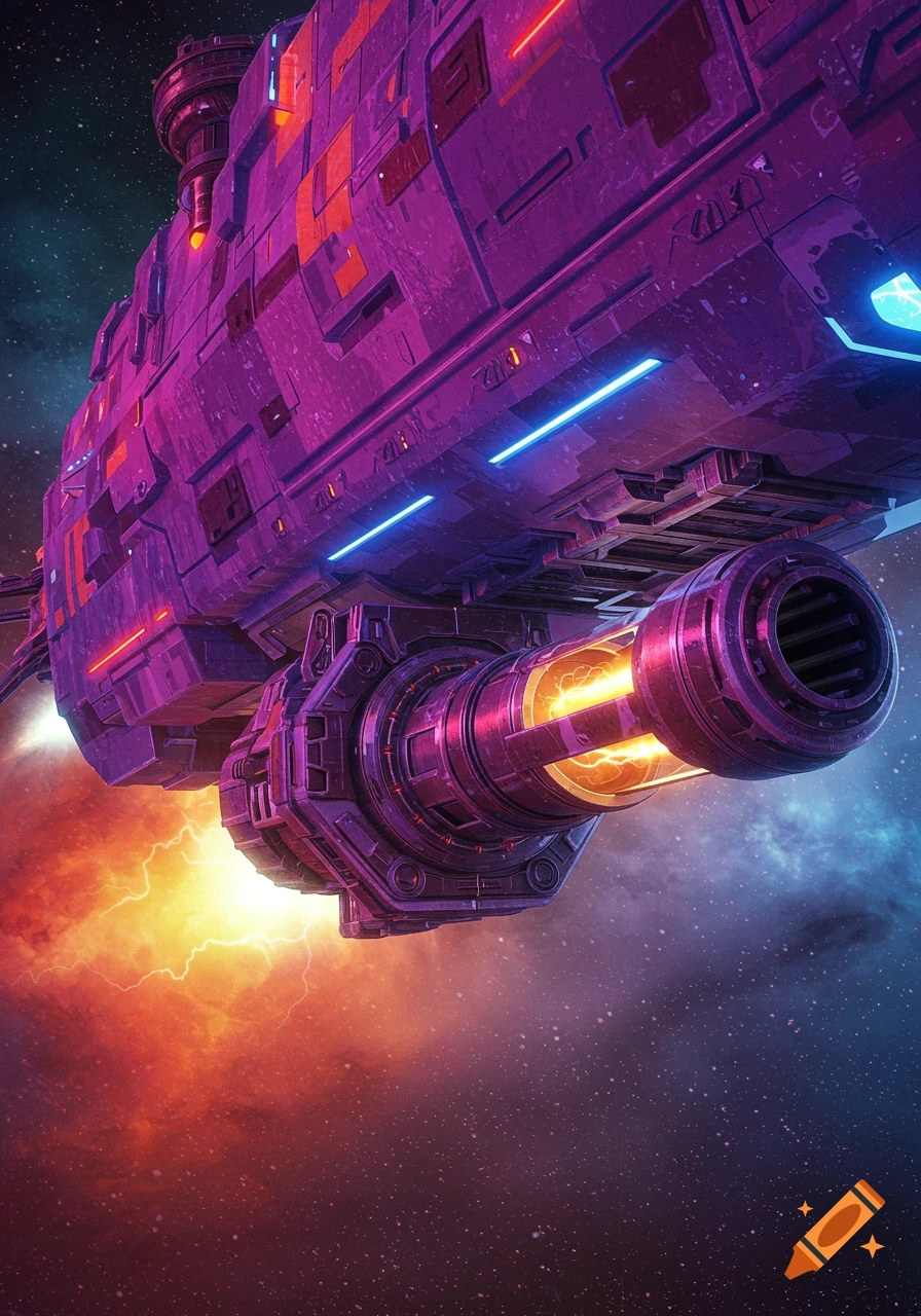 A dark, neon-lit spaceship cockpit with many glowing green screens looking out into the starry ...