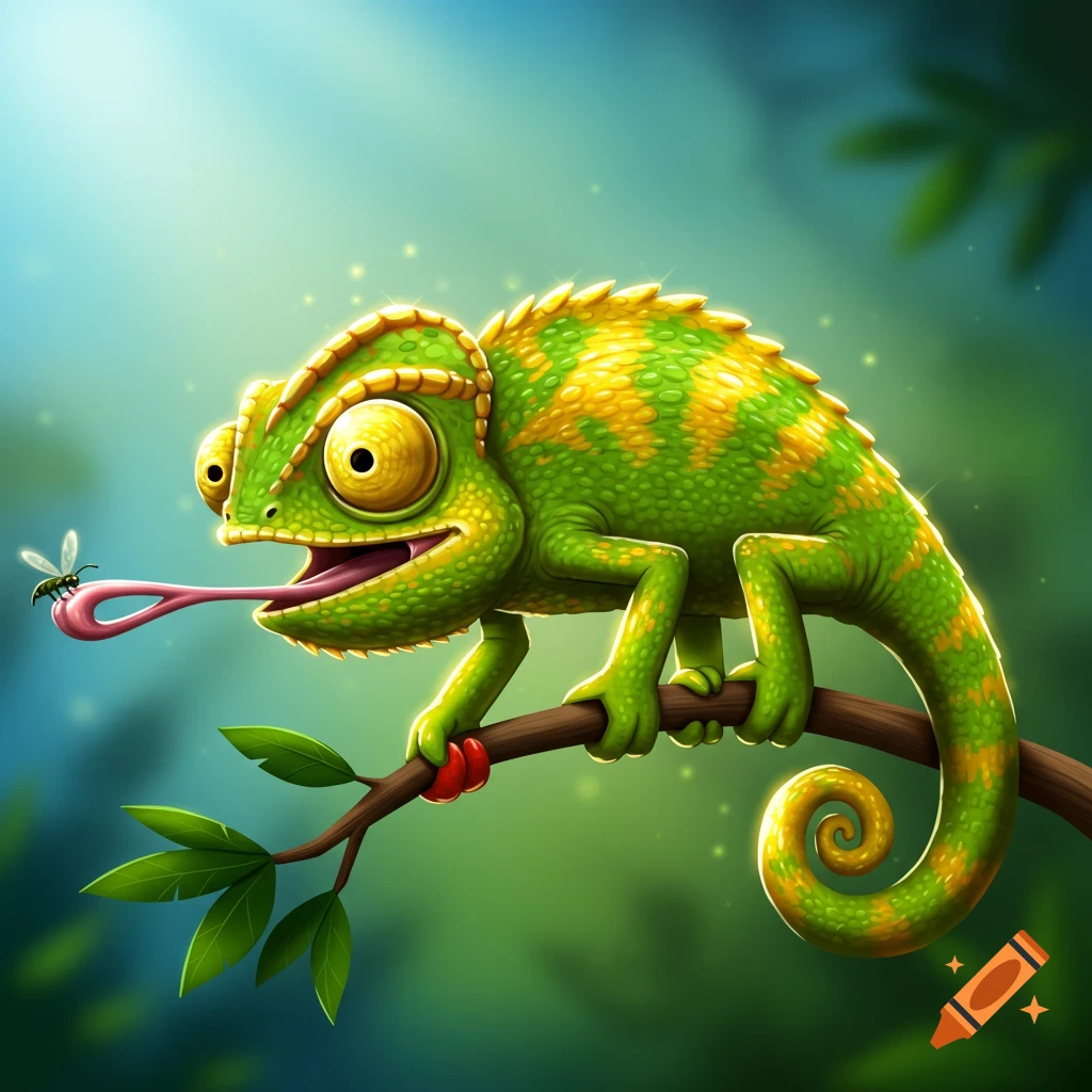 Cartoon chameleon on a branch catching a fly on Craiyon