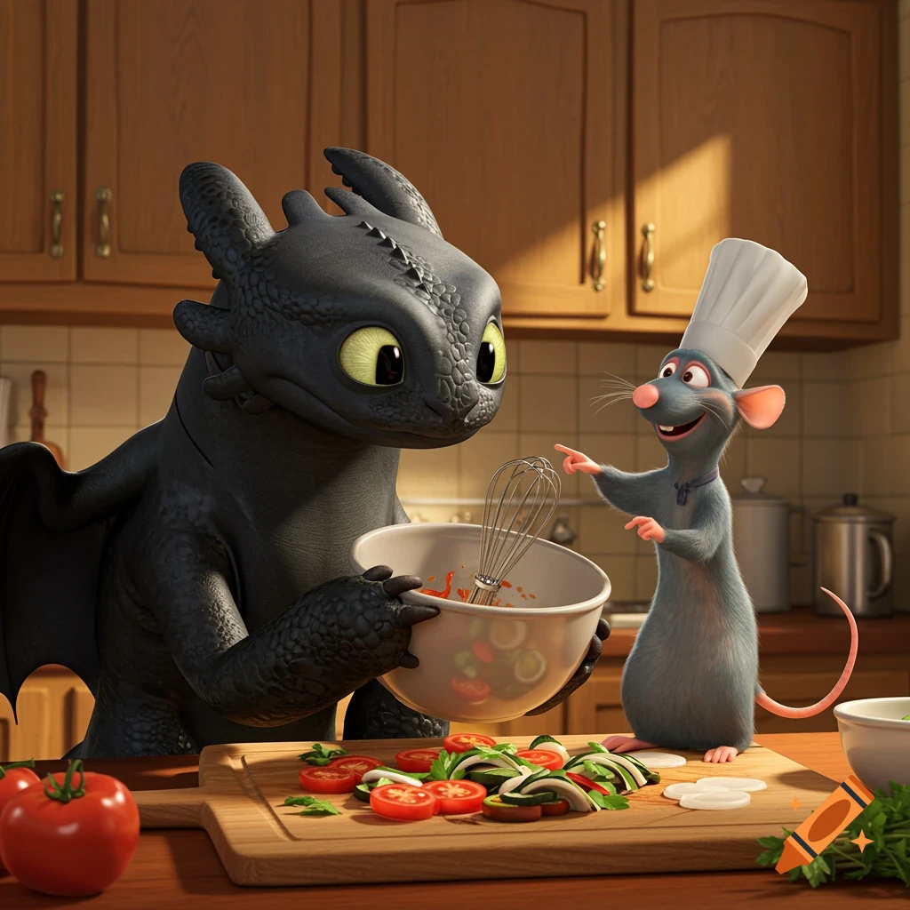 Remy from Ratatouille jumping over Sylvester the Cat in a kitchen on ...