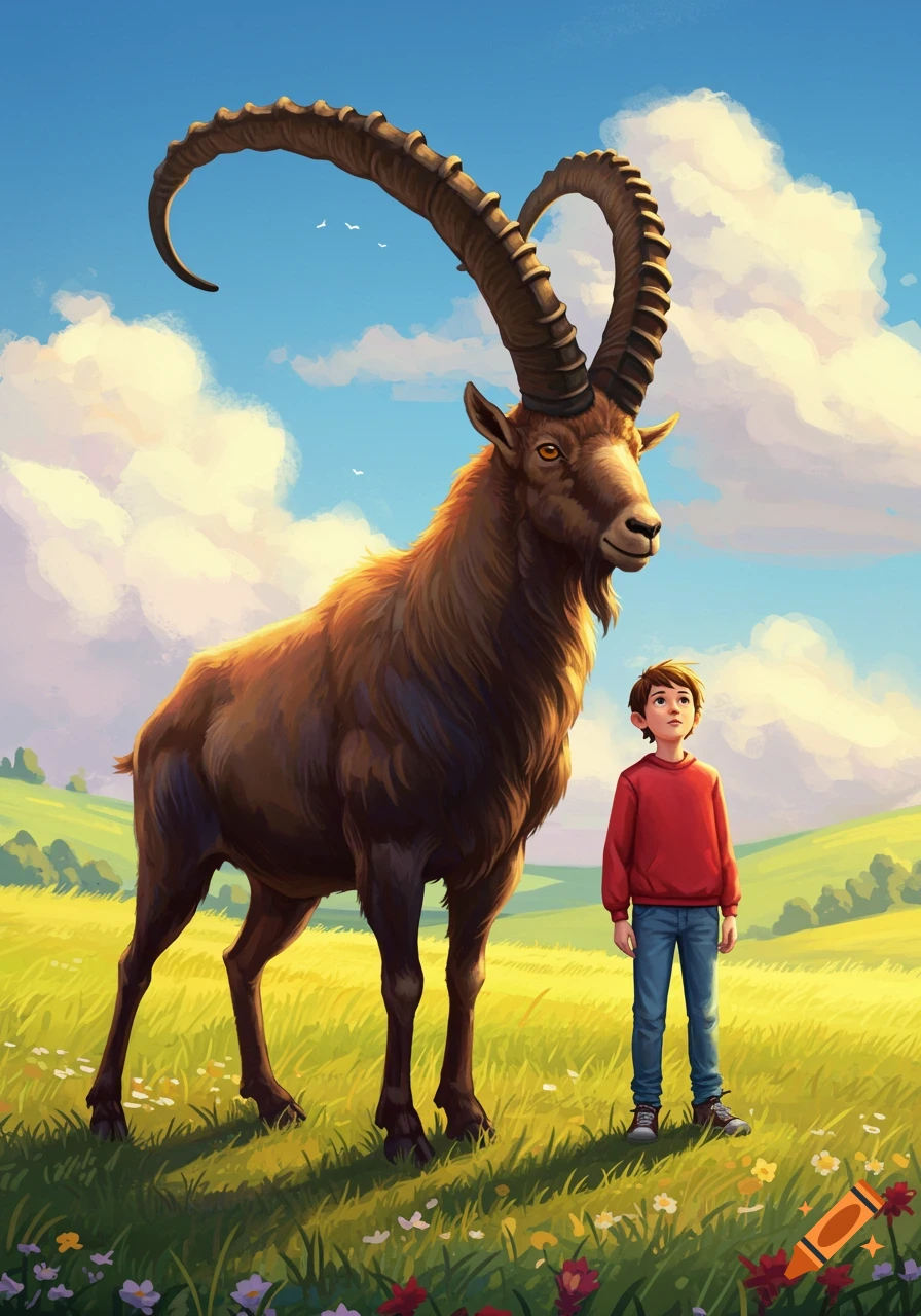 Boy with red sweatshirt and jeans standing with a goat on Craiyon