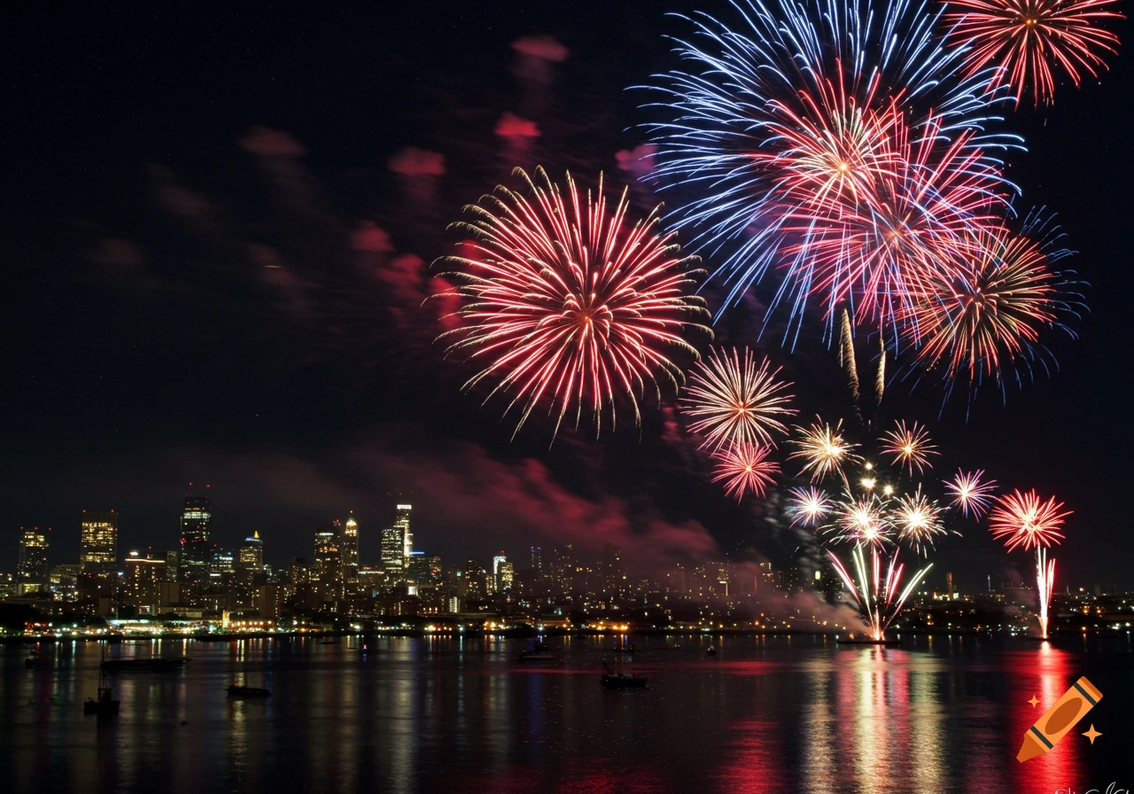 Fireworks burst over a city skyline at night, with reflections in the ...
