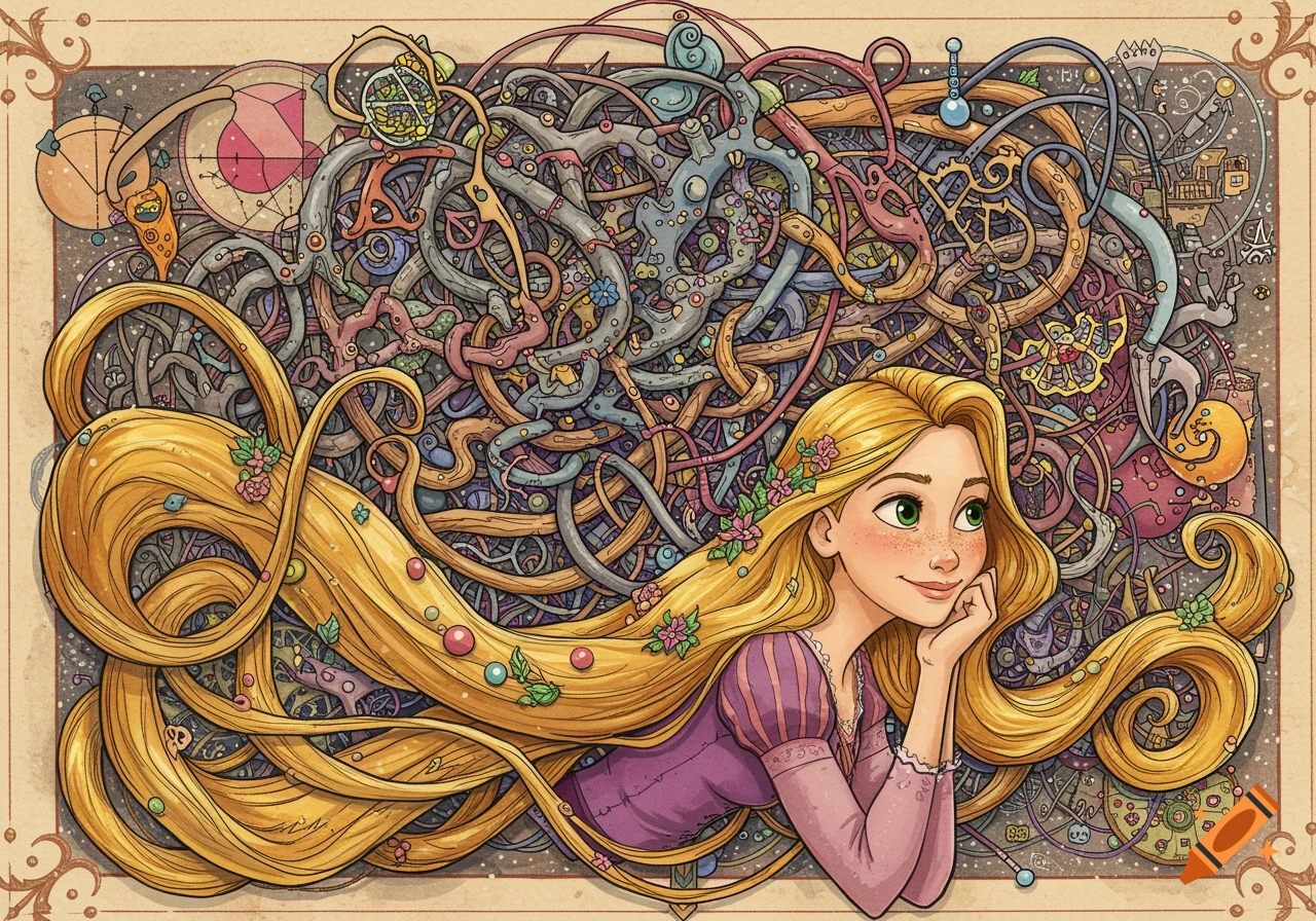 An intricate illustration of Rapunzel's long hair intertwined with a ...