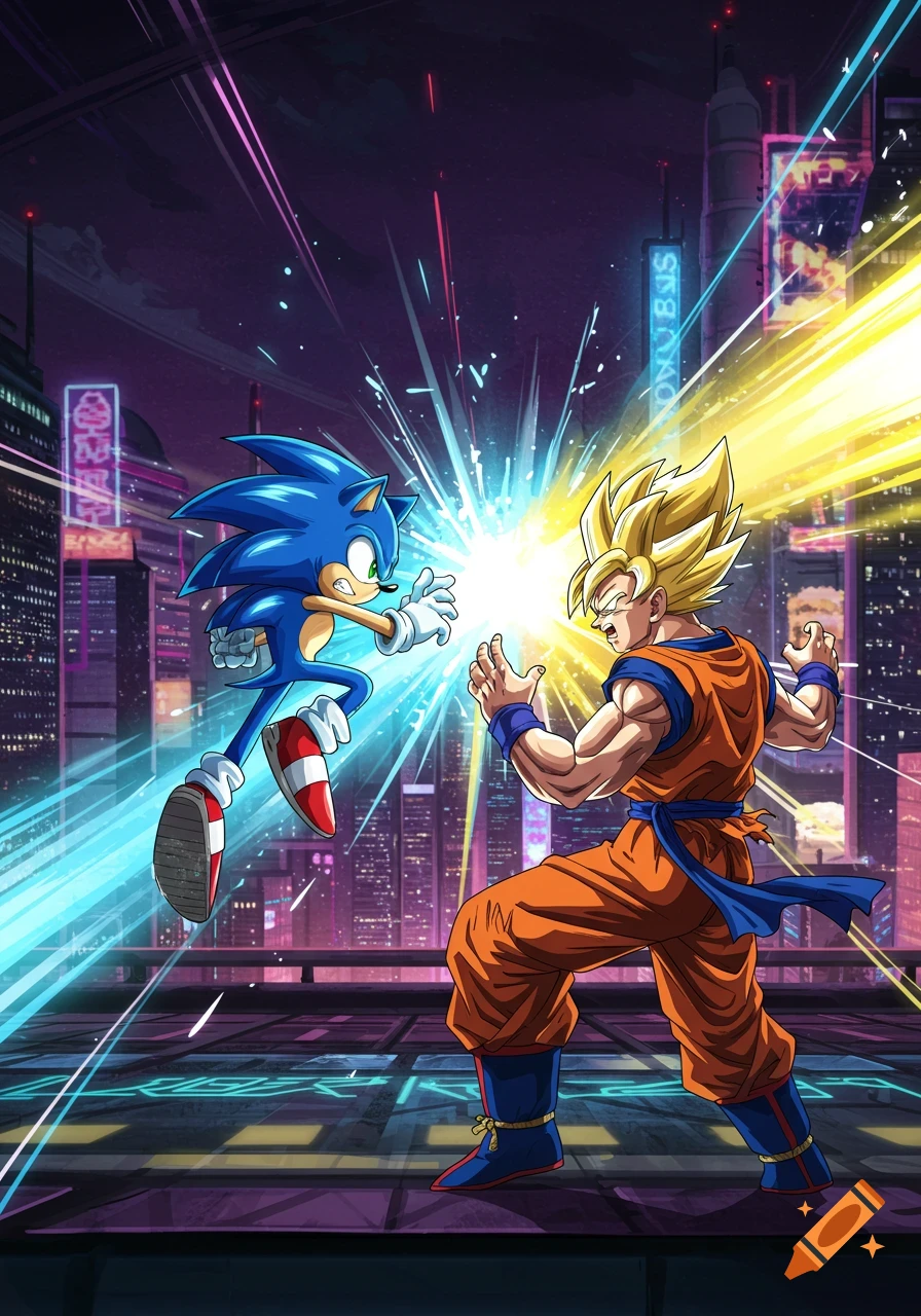 Sonic and Goku clash with energy blasts in a destroyed city, digital ...