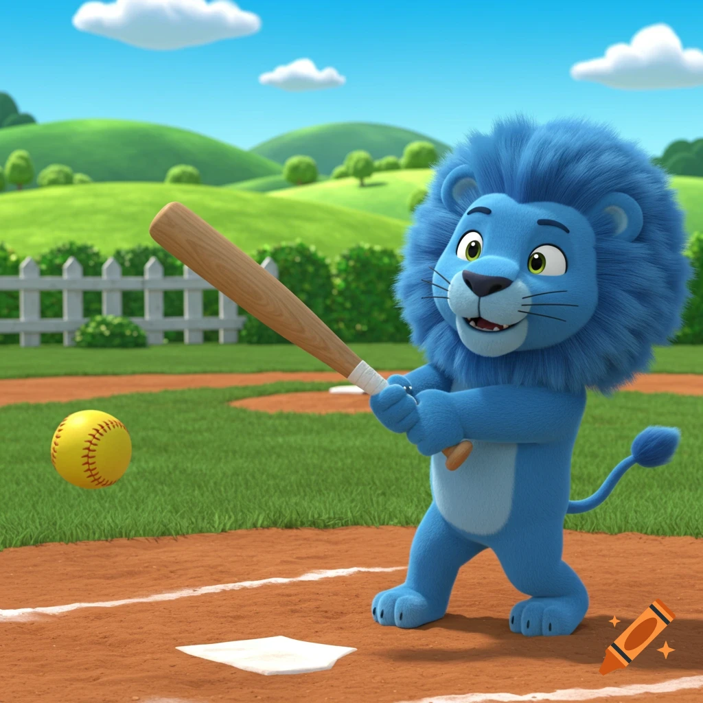 Animated blue lion swinging a bat at a softball on a baseball field. on ...