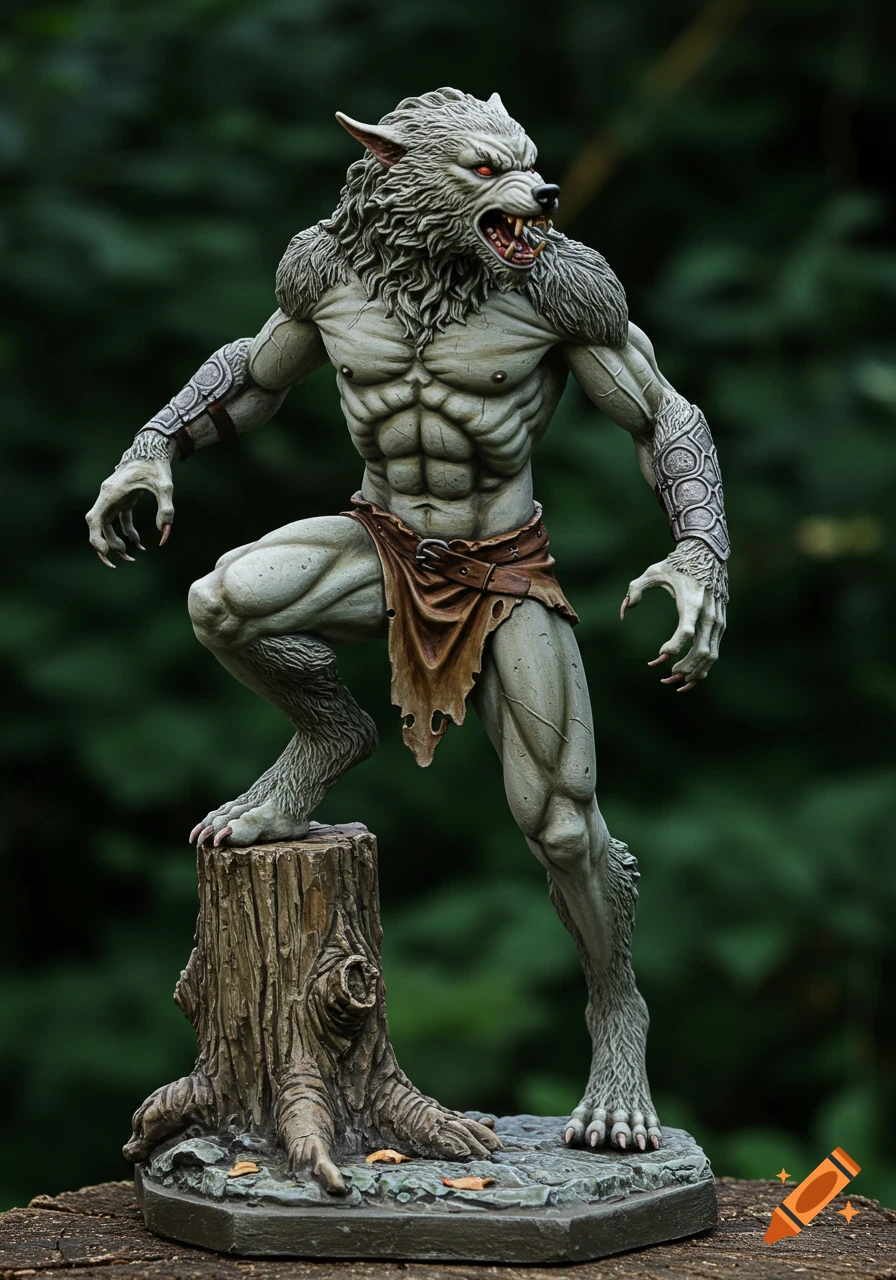 Hand-painted statue of a savage werewolf on a tree stump on Craiyon