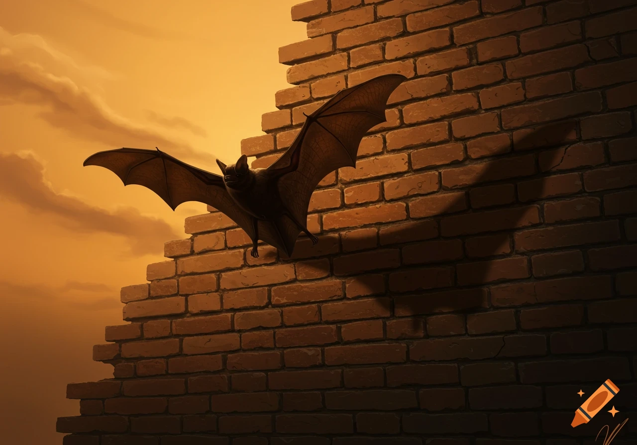 Digital painting of a bat flying past a brick wall at sunset. on Craiyon