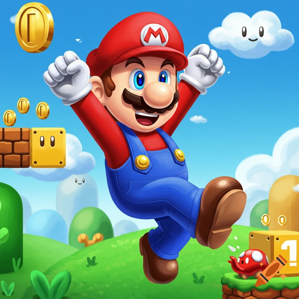 Mario jumping in a Super Mario Bros. game level with mushrooms and ...