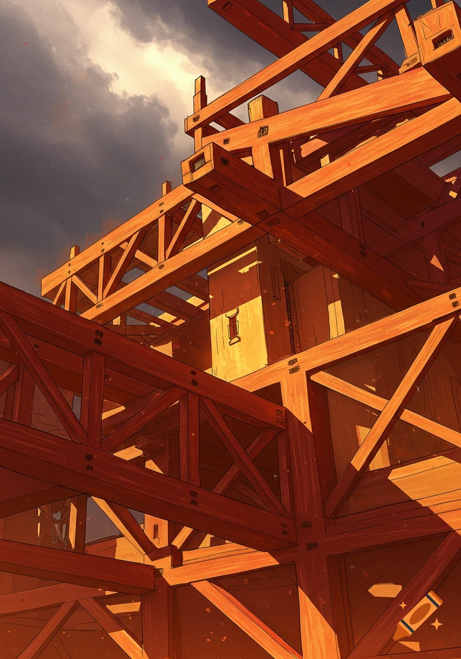 Close-up view of complex wooden structural beams under a stormy sky. on Craiyon
