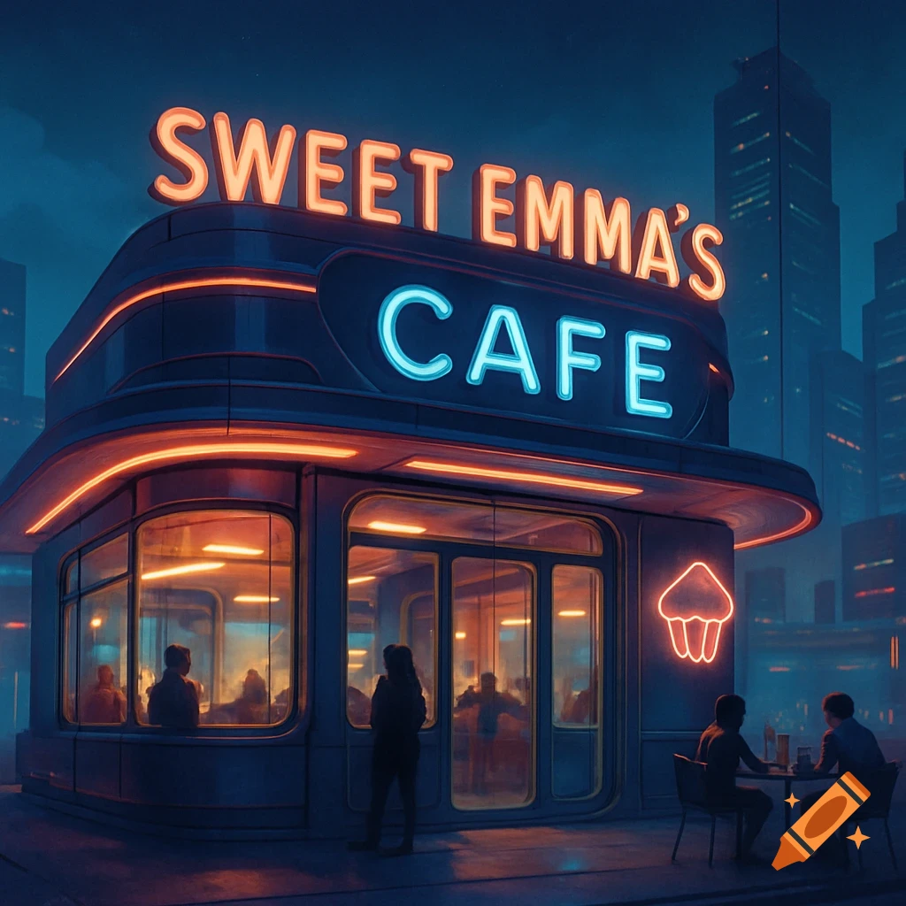 Retro-futuristic cafe with neon signs and people at night in a ...