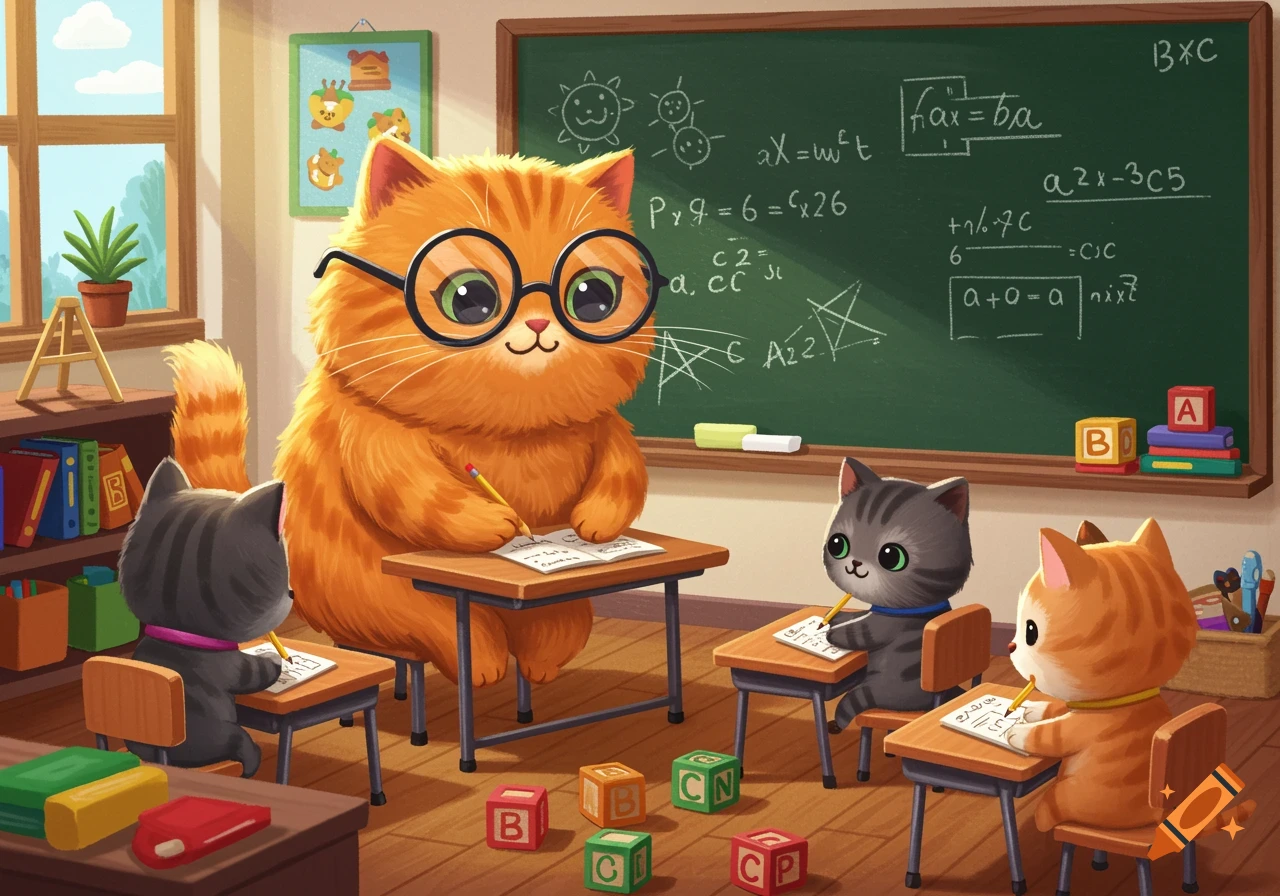 A cartoon ginger cat teacher with glasses writes on a chalkboard while ...