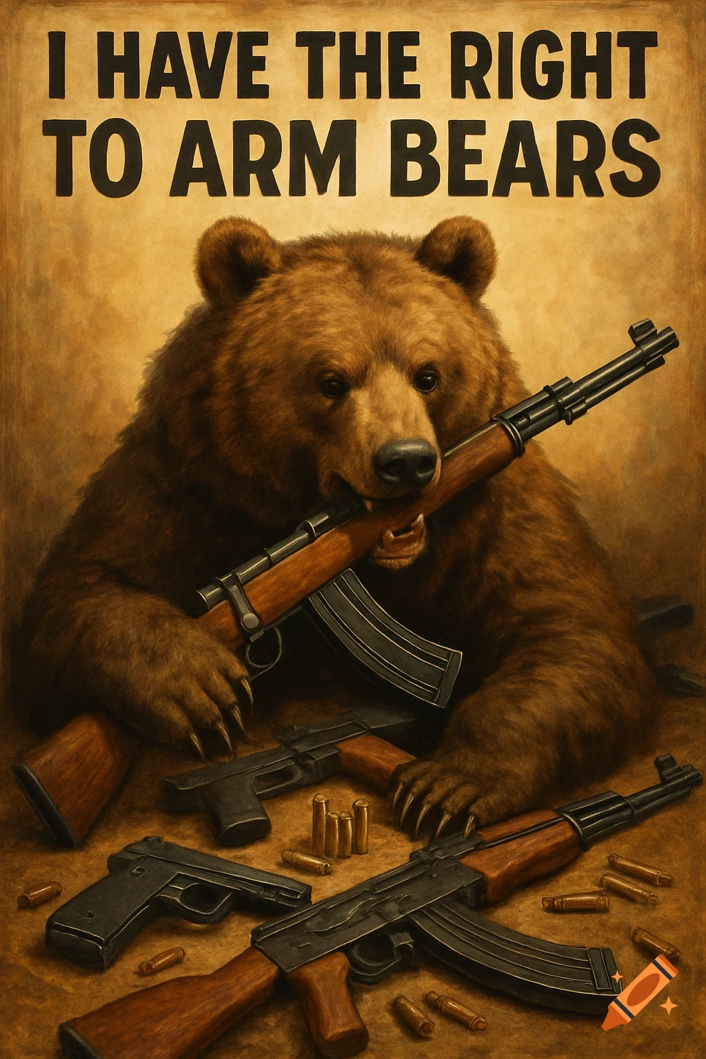 A bear holding a rifle in its mouth, surrounded by weapons, with the text 'I HAVE THE RIGHT TO ...