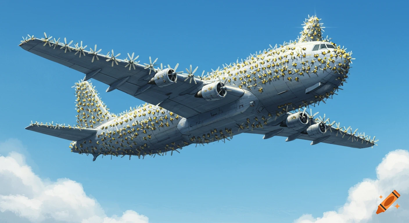 An airplane covered in hundreds of small spinning propellers flying ...