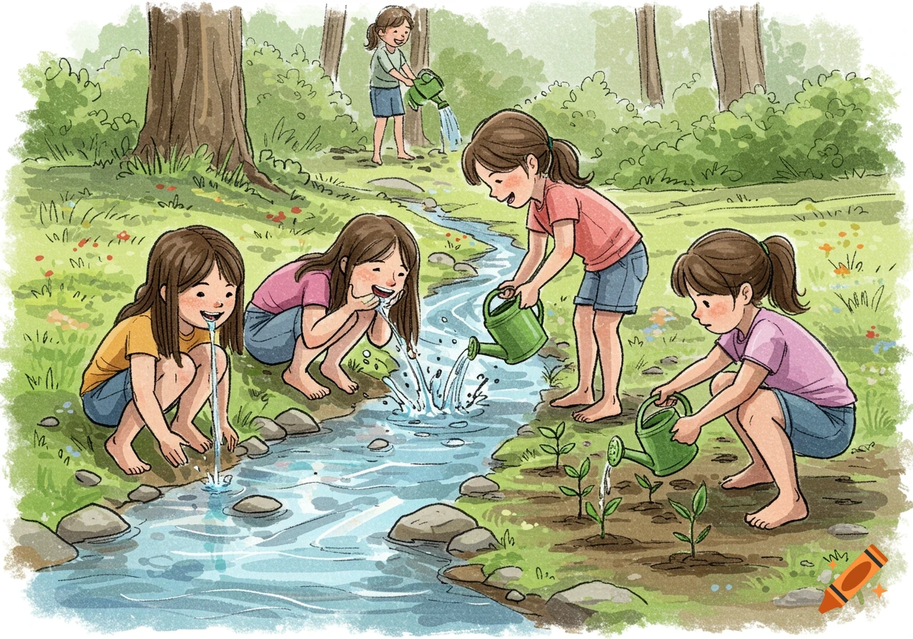 Sketch of kids drinking water, watering plants, and splashing in a ...