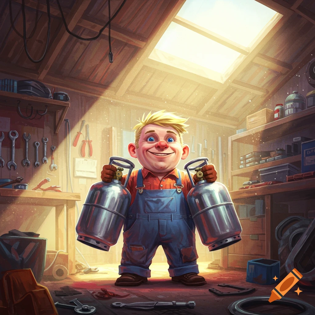 A cartoon man in overalls grins while holding two gas tanks in a sunny ...