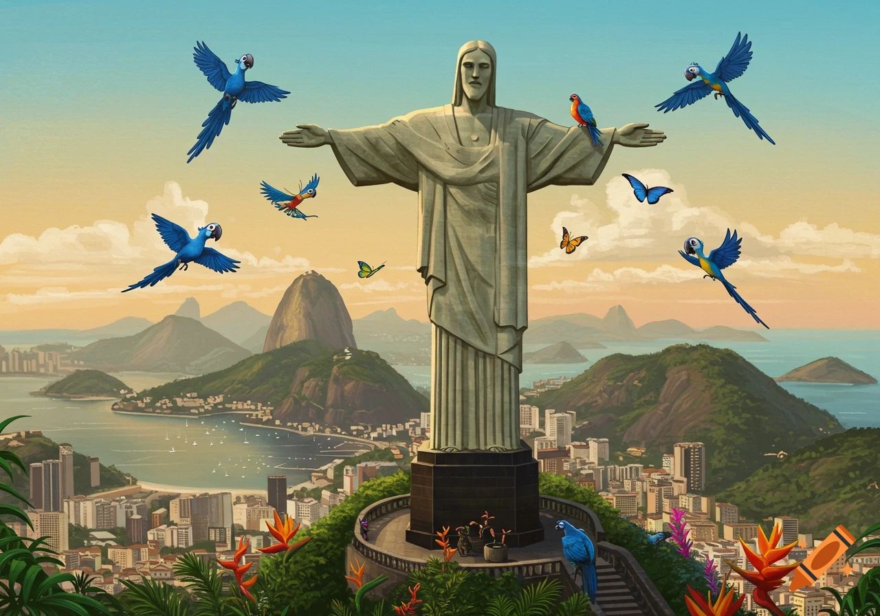 Christ the Redeemer statue with Brazilian elements and birds on Craiyon