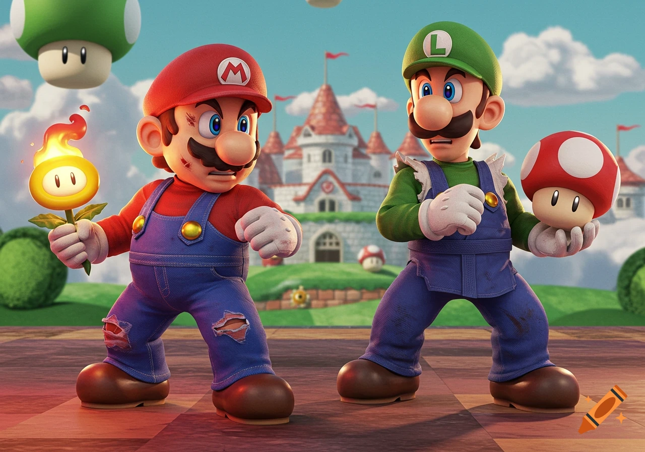 3D render of Mario holding a fire flower and Luigi holding a mushroom ...