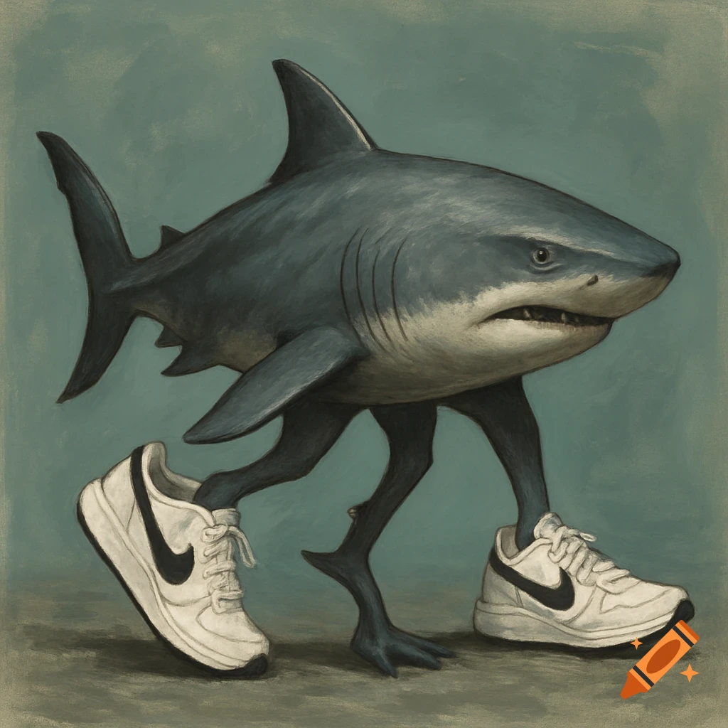 Illustration of a shark walking upright in white sneakers. on Craiyon