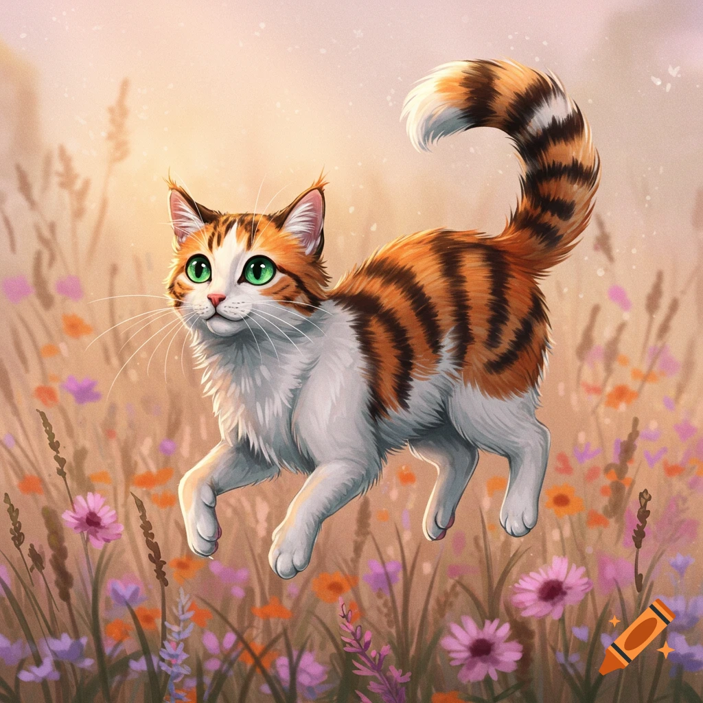 Orange, white, and black calico cat with two tails on Craiyon